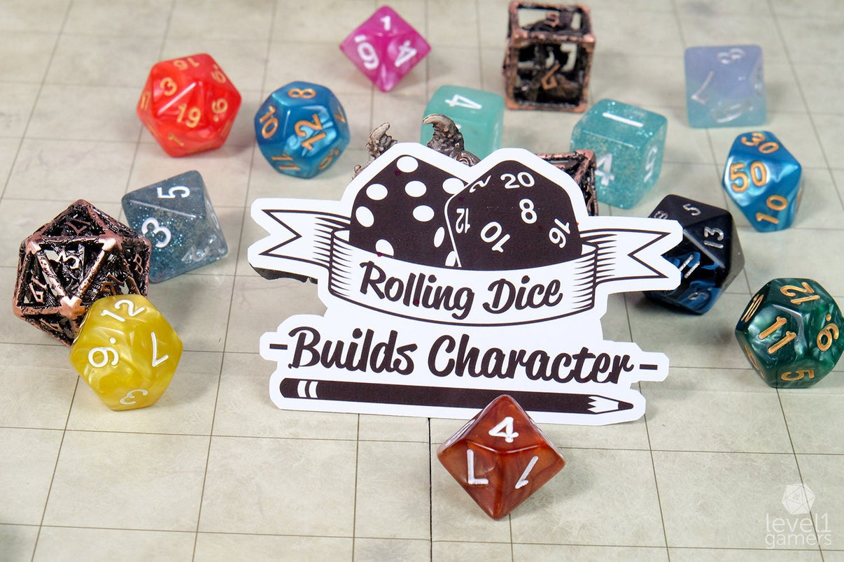 Rolling Dice Builds Character Sticker – Level 1 Gamers